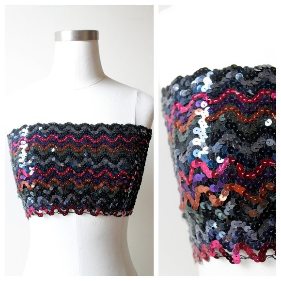 Tops | 198s Vintage Multicolor Black Sequin Stretchy Tube Top 80s ...